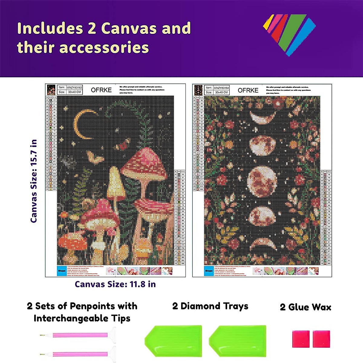 OFRKE 2-Piece Diamond Painting Kits for Adults and Kids，5D DIY Full Drill Round Art Gems Mushroom Forest Diamond Art Perfect for Home Wall Deco Diamond Decor 12"x16"