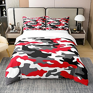 100% Nature Cotton Army Camouflage Camo Duvet Cover Set Colorful Pattern Art Decor Comforter Cover Set Twin Size with 1 Pillowcase Black Red White Bedding Set