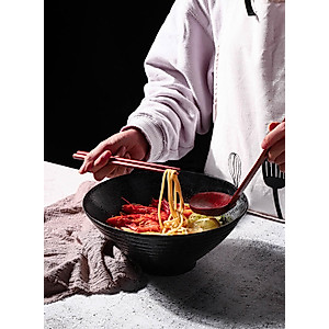 Kanwone Ceramic Japanese Ramen Bowl Set, Noodle Soup Bowls - 60 Ounce, with Matching Spoons and Chopsticks for Udon Soba Pho Asian Noodles, Set of 2, Black