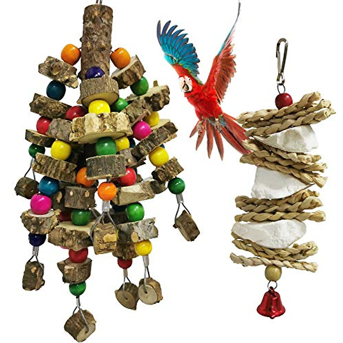 kathson 2PCS Natural Parrot Chewing Toys Wood Bird Toy Hanging Parakeet Hammock Cage Accessories Cuttlebone Beak Grinding for Parrots Cockatoos African Grey Cockatiels Conure Eclectus Budgies