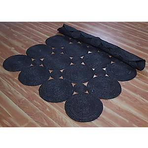 Braided Scalloped Area Rug, Natural Jute Kilim Rugs - 10x8 Ft Medium Flatweave Woven Carpet Dhurrie for Indoor Use Like Living Room Kitchen Entryway Dining Room Bedroom (Black)