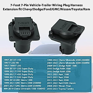 7-Foot 7-Pin Trailer Wiring Harness Extension with Connector, 5Th Wheel 7 Pin Connector, 7-Foot Vehicle-Side Truck Bed 56070 Compactible with Chevy, Dodge, Ford, GMC, Nissan, Ram, Toyota Balck