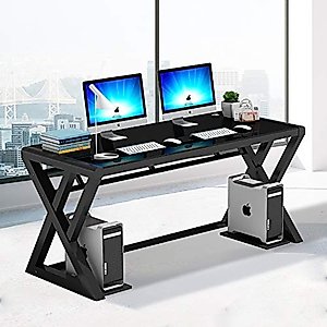 NA Tempered Glass Computer Desk with X-Shaped Metal Frame, Fashion Modern Design Writing and Study Desk, Work Desk for Home Office (55.1 inch)
