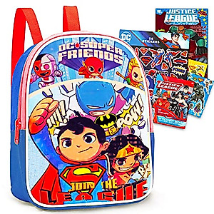 DC Shop Superman and Friends Mini Backpack Toddler Preschool Bundle with 11inch Justice League Featuring Superman, Batman, Wonder Woman, Flash, Aquaman, Cyborg, Stickers More Bag