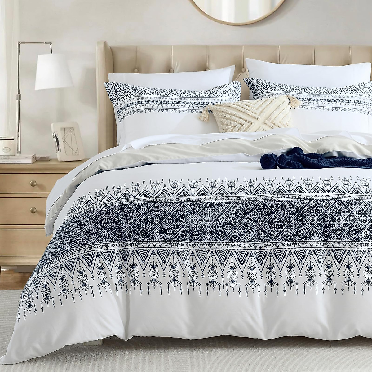 DUOMING Boho Duvet Cover King - 100% Cotton Duvet Cover King Size, White Blue Duvet Cover King with Zipper Closure & 8 Ties, 3 Piece 90x104 Bohemian Duvet Cover Set