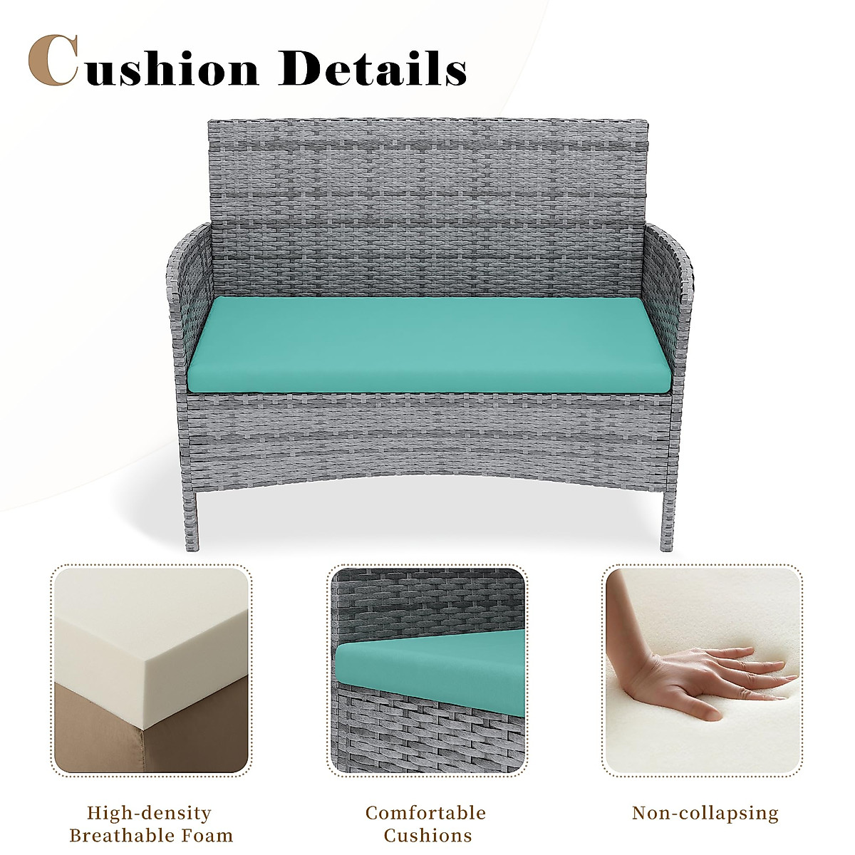 VONZOY Patio Furniture Set 4 Pieces Small, Belcony Furniture Outdoor Wicker Patio Conversation Set for Backyard,Porch, Deck,Garden,Poolside and Balcony (Turquoise)