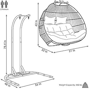 Sunnydaze Liza Loveseat Egg Chair with Gray Polyester Cushions and Stand - Comfy Outdoor Collapsible Hanging Chair with Stand - Black Polyethylene Wicker Rattan Frame with Steel Stand - 76" Tall