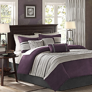 Madison Park Palmer Comforter Set - Faux Suede Design, Striped Accent, All Season Down Alternative Bedding, Matching Shams, Decorative Pillow, Bed Skirt, King (104 in x 92 in), Purple 7 Piece