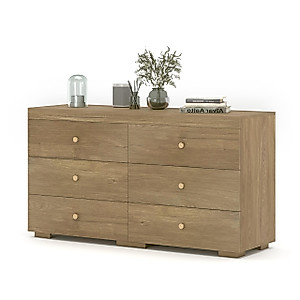 Zenflare 6 Drawer Dresser for Bedroom Wood Dresser 58.3" Wide, Large Chest of Drawers for Bedroom, Living Room, Hallway, Entryway, Modern TV Stand Drawer Organizer, Natural Oak