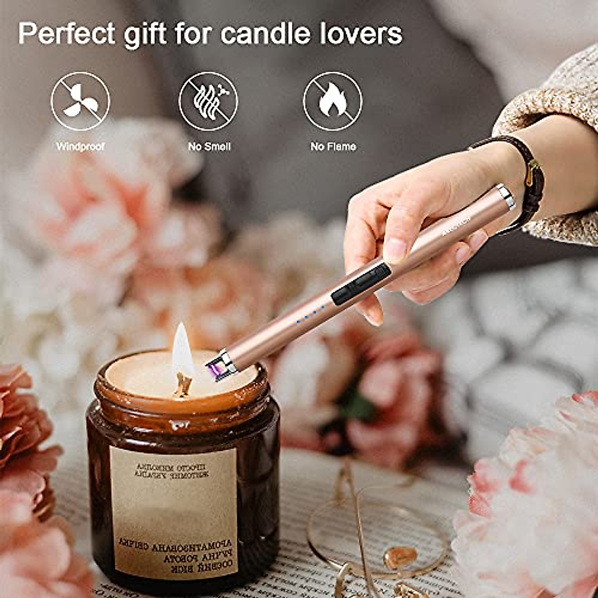 ARECTECH Lighter Rechargeable Lighter Electric Lighter Candle Lighter Arc Plasma Lighters for Candle Kitchen Camping Type-C Champagne Gold