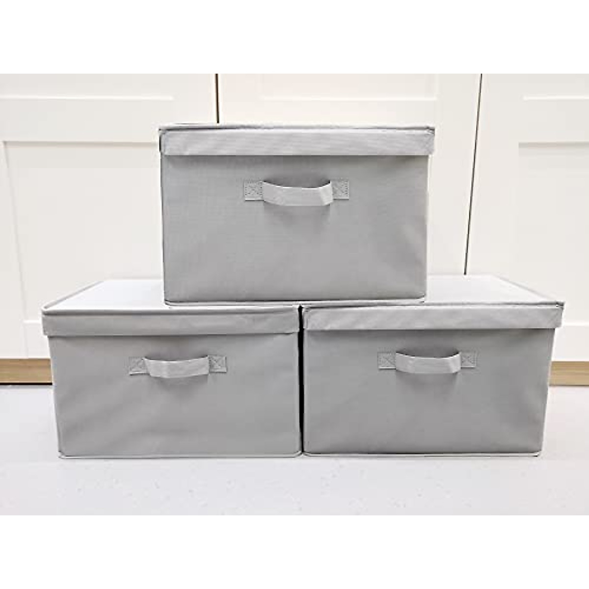 Sebadaci Storage Bins Cubes Baskets with Lids Handles Stackable Collapsible Storage Bins Baskets for Shelves, Organizing, Office Organizer, 3-pack Fabric Storage Cubes Living Room Closet, Gray, Large