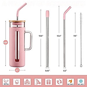 Kodrine Tumbler with Lid and Straw, 20 oz Glass Coffee Tumbler with Handle, Smoothie Cup with Bamboo Lid | Time Marker | Silicone Protective Sleeve, BPA Free -Pink
