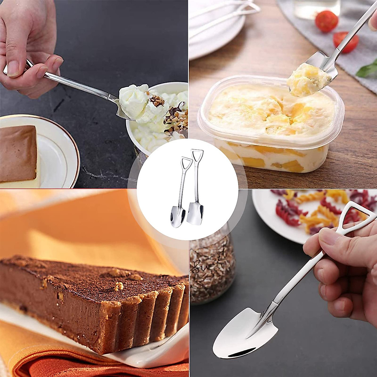 8 pcs Stainless steel shovel spoon set, including 4 sharp spoon, 4 flat spoon, creative dessert spoon, coffee spoon, ice cream fruit spoon, suitable for home, kitchen or restaurant