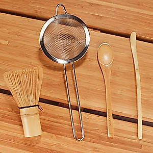 BambooMN Japanese Tea Set, Matcha Whisk (Chasen), Tea Strainer, Traditional Scoop (Chashaku), Teaspoon, The Perfect Set to Prepare a Traditional Cup of Matcha - 1 Set