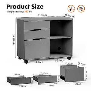 Sweetcrispy Filing Cabinet 3-Drawer File Cabinets Printer Stand for Home Office Mobile Vertical Storage Cabinet Under Desk Wood Organizers with Open Storage Shelves for Kids Room, Small Space