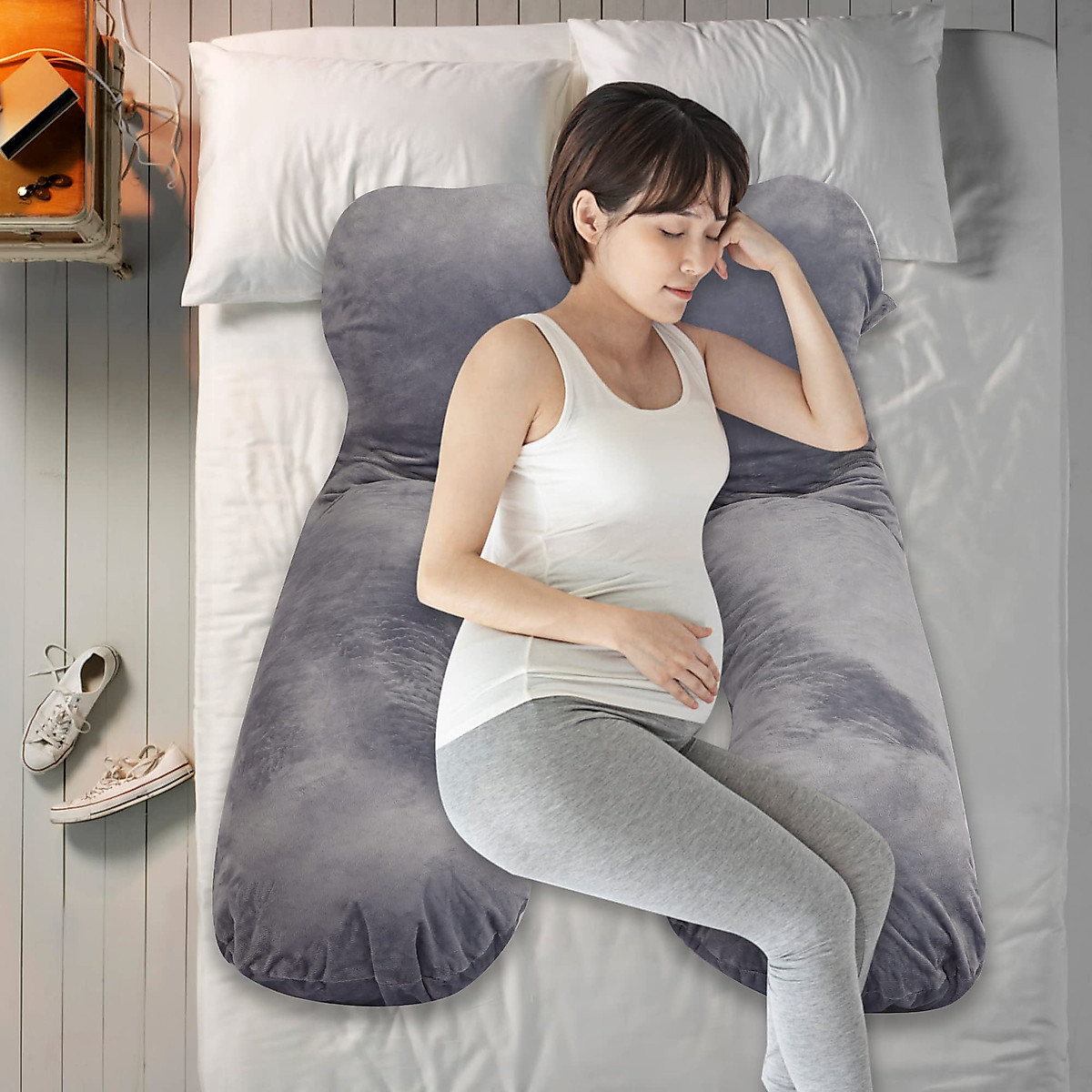 LONABR U-Shape Pregnancy Pillows, 55 Inch Maternity Full Body Pillow with Washable Velvet Cover, Nursing Support Pillow, Support for Back, HIPS, Legs, Belly for Pregnant Women Side Sleeping