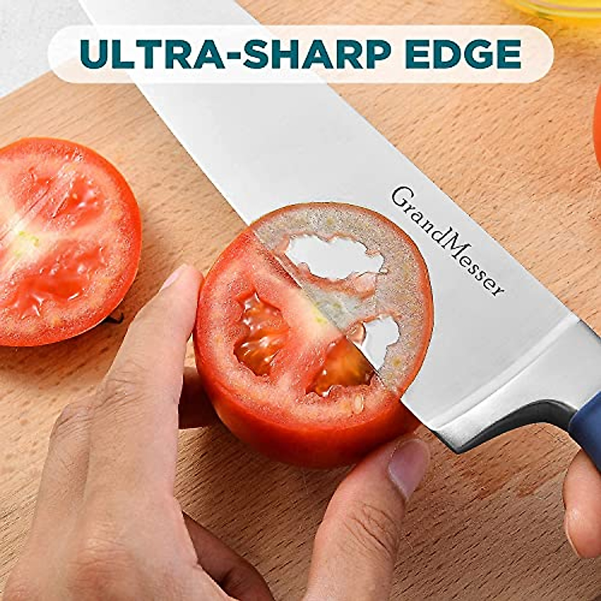 GrandMesser Kitchen Knives, 2 Piece Ultra Sharp 8 inch Chef Knife and 7 inch Santoku Knife, German Carbon Stainless Steel Forging Cooking knife Set, with Ergonomic Handle and Gift Box