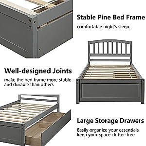 Altillo Twin Size Country Wooden Platform Bed Frames with 2 Storage Drawers/Headboard, Modern Platform Bed with Solid Wood Slat Support for Bedroom Boys Girls Adults Teens, Noise-Free (Gray)