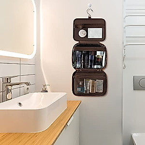 Elviros Travel Toiletry Bag for Men and Women, Large Hanging Leather Makeup Bags Organizer, 2 in 1 Water-resistant Cosmetic Case for Bathroom Toiletries Accessories (Brown)