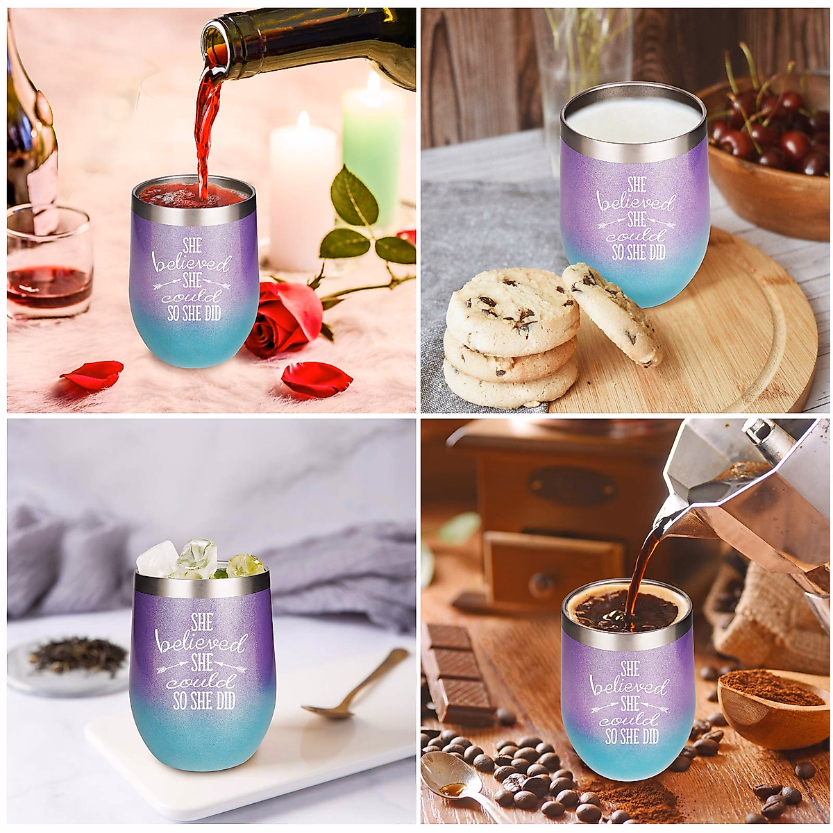She Believed She Could So She Did, 12 oz Stainless Steel Stemless Wine Tumbler with Keychain, Congratulations, 2024 Graduation, Promotion, Going Away, Job Change, Congrats Gift (Glitter Gradation)
