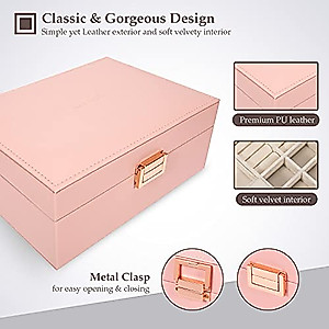 LANDICI Jewelry Organizer Box for Women Teen Girls,Large Jewelry Storage Case with Mirror,2 Layer Removable Stackable Tray,Leather Jewellery Display Holder for Ring Necklace Earring Bracelets,Pink