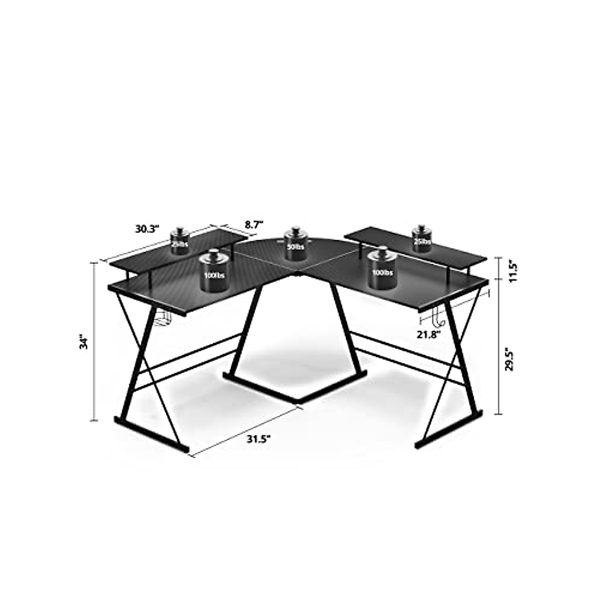 Evajoy Gaming Desk, L Shaped Computer Corner Desk, 53" Ergonomic Gaming Table with Monitor Stands, PC Desk with LED Strips and Power Outlets, Carbon Fiber Surface with Cup Holder, Headphone Hook