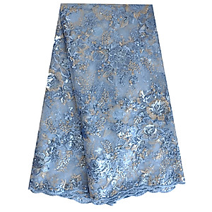 SanVera17 African Fabric Net Fabrics Sequins Embroidery Nigerian Embroidered Lace Fabric for Party Dress (Sky Blue) 5 Yards 2206-5