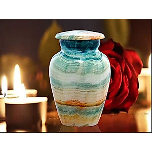 Keepsake Urn | Marble Finish Keepsake Cremation Urn for Ashes | Metal Sharing Urn for Human or Pets Ashes | Mini Memorial Urn with Velvet Bag (Blue Marsh)