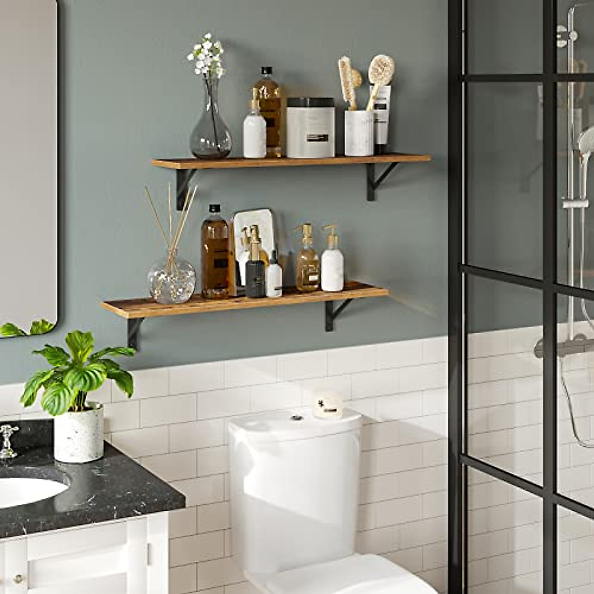 DINZI LVJ Wall Shelves, 23.6 x 7.9 x 6.0 Inch Floating Shelves for Wall, Set of 2, Easy-to-Install Wall Storage Ledges with Sturdy Metal Brackets for Living Room, Bathroom, Kitchen, Rustic Brown