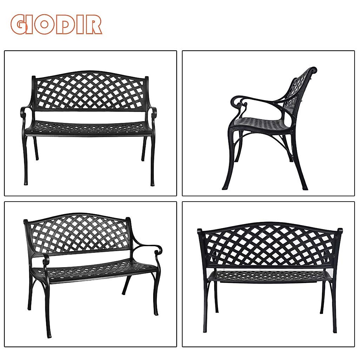 GIODIR Outdoor Patio Garden Bench All-Weather Cast Aluminum Loveseats Park Yard Furniture Porch Chair Work Entryway Decor w/Checkered Design (Black)