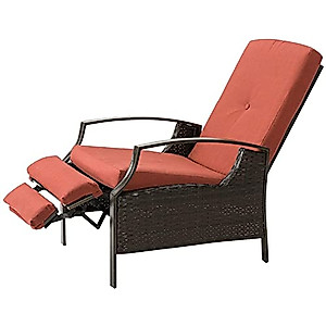 ALIMORDEN Patio Wicker Adjustable Recliner Chair, Steel Frame Rattan Sofa with Thick Removable Cushion, Outdoor Relaxing Lounge Chair for Porch, Backyard, Garden, Water Resistant, Red