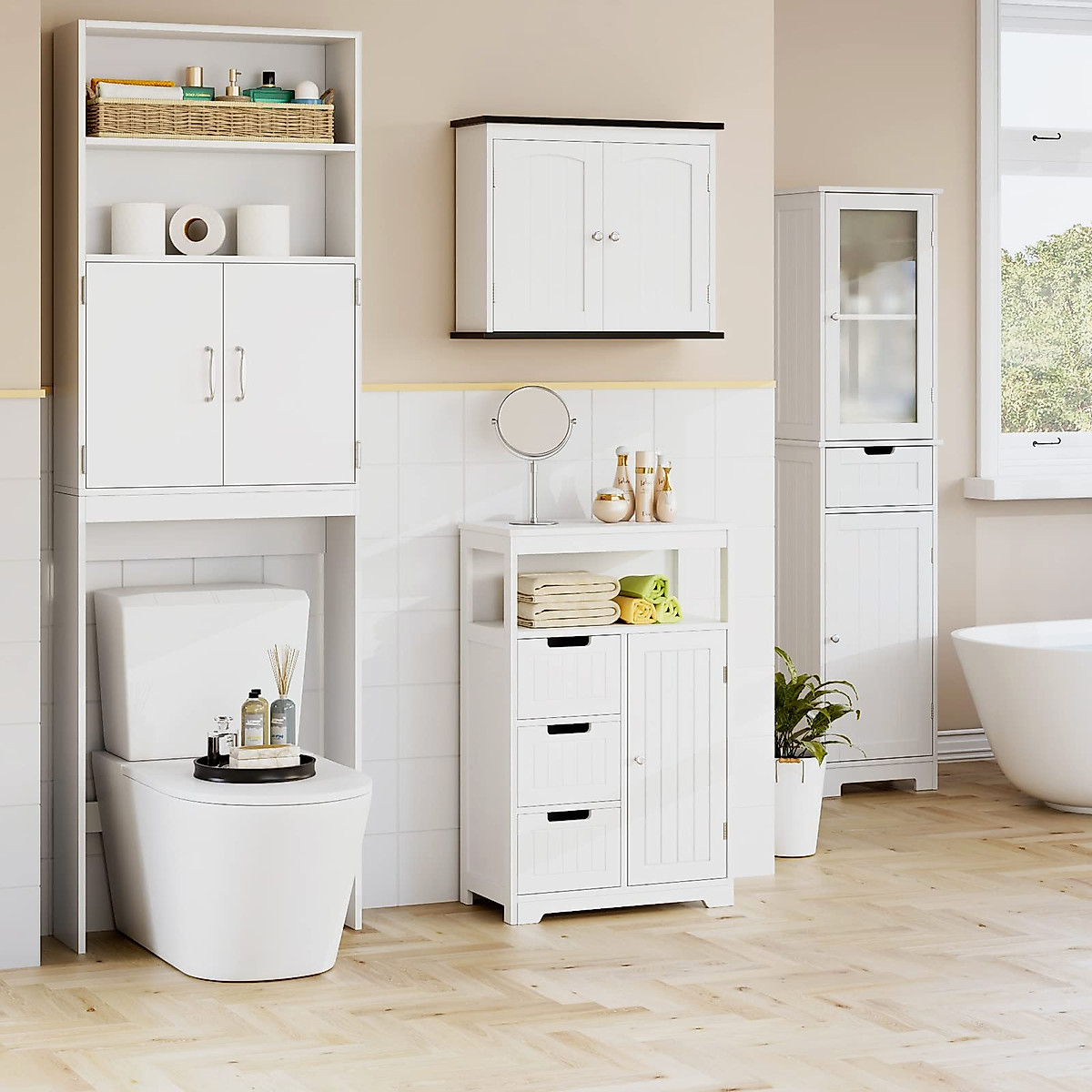 HORSTORS Bathroom Floor Cabinet, Free Standing Storage Cabinet with 3 Drawers and 1 Door & Adjustable Shelf, Modern Entryway Cupboard for Home Office, White