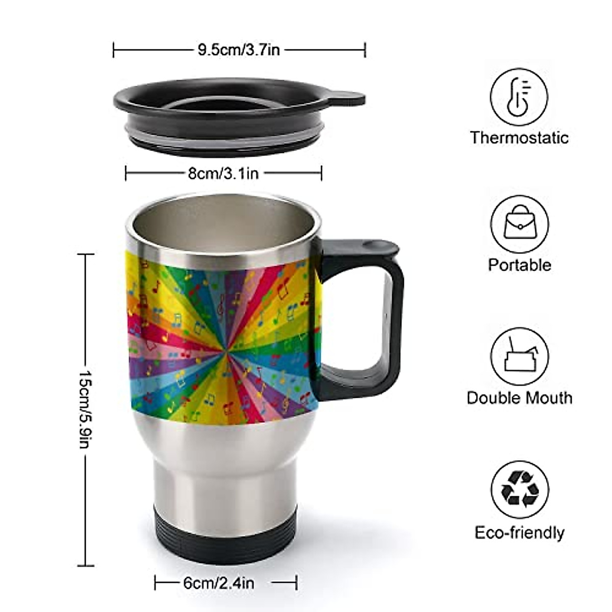 Music Notes with Colorful 14 Oz Coffee Tumbler with Handle Insulated Stainless Steel Car Mug Travel Cup Silver-Style