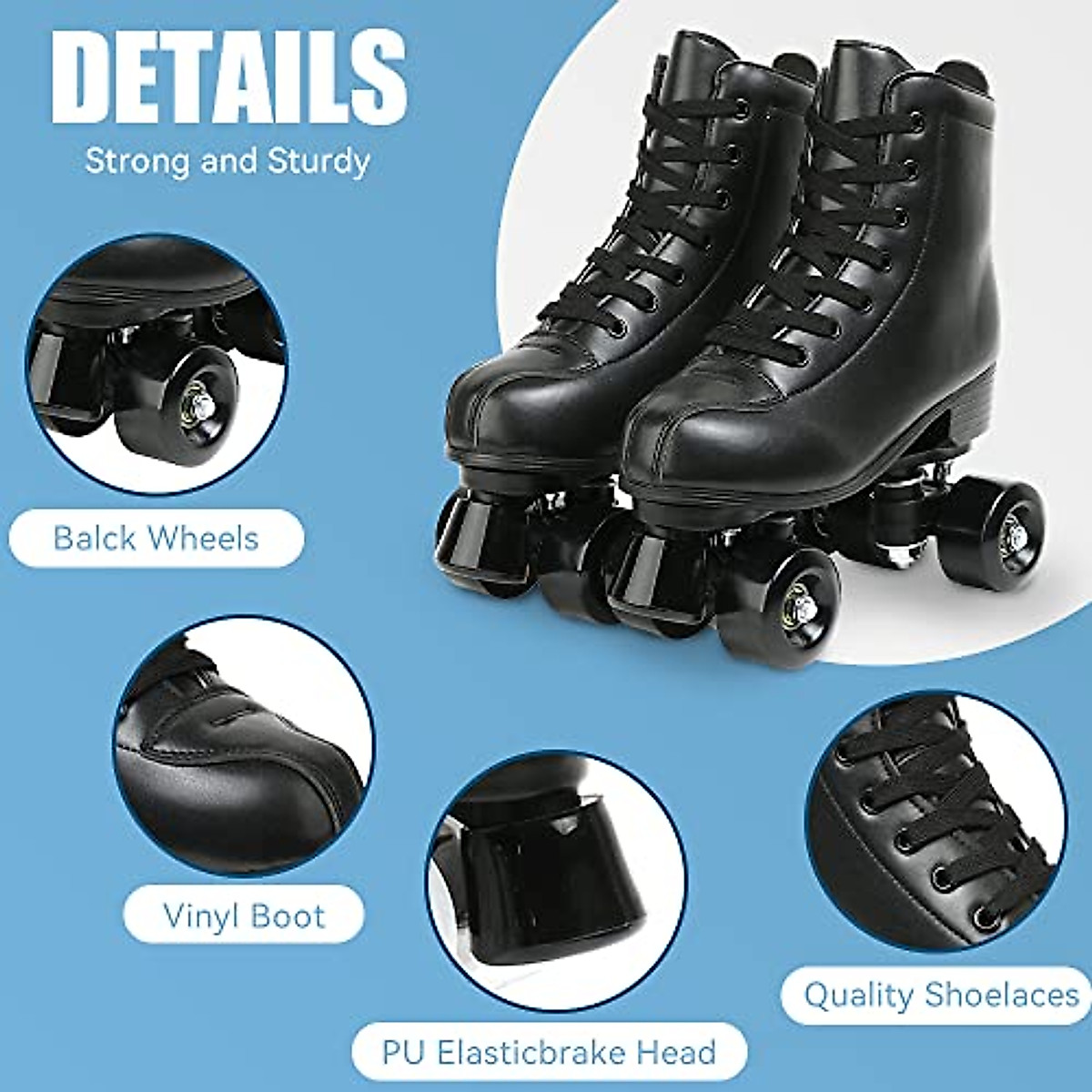 Gets Womens Roller Skates Light Up Wheels, Artificial Leather Adjustable Double Row 4 Wheels Roller Skates Shiny Skates for Teens,Adult (Black Wheel,38-US: 7)
