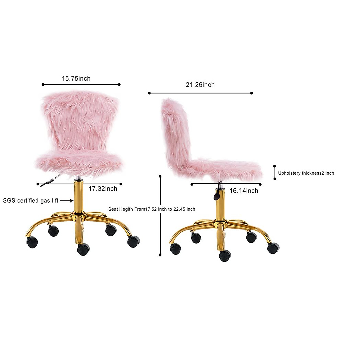 LEEJAY Luxury Kids Desk Chair for Granddaughter, Furry Pink Fancy Girl Chair, Cute Vanity Chair with Fluffy Faux Fur, Armless Fuzzy Desk Chair with Golden Base, Gifts from Grandpa Grandma