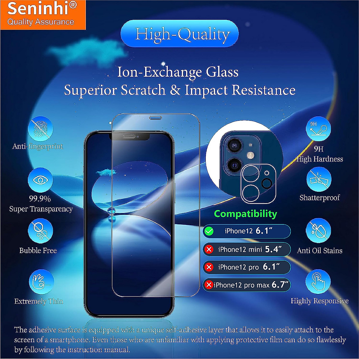 seninhi [3+3Pack] for iphone 12 (6.1inch) Screen Protector 3Pack + Camera Lens Protector 3Pack, Tempered Glass Screen Protector [With Easy Installation Frame] [9H Hardness] [Anti-Scratch] [Bubble