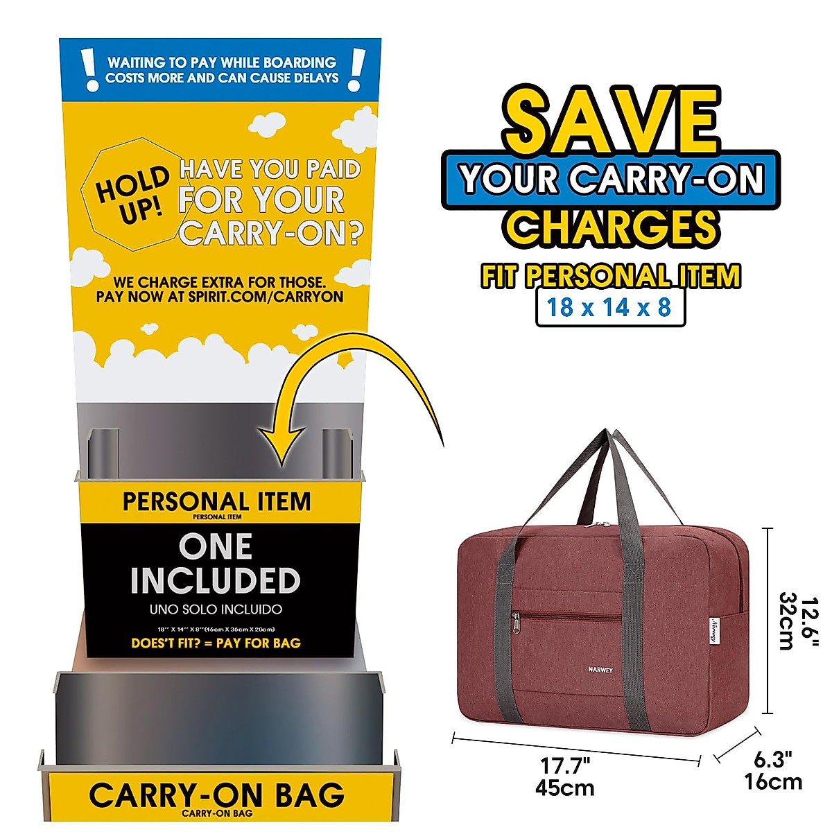 For Spirit Airlines Personal Item Bag 18x14x8 Foldable Travel Duffel Bag Tote Carry on Luggage Duffle Weekender Overnight for Women and Men (1112 Thick Series Jujube Red)