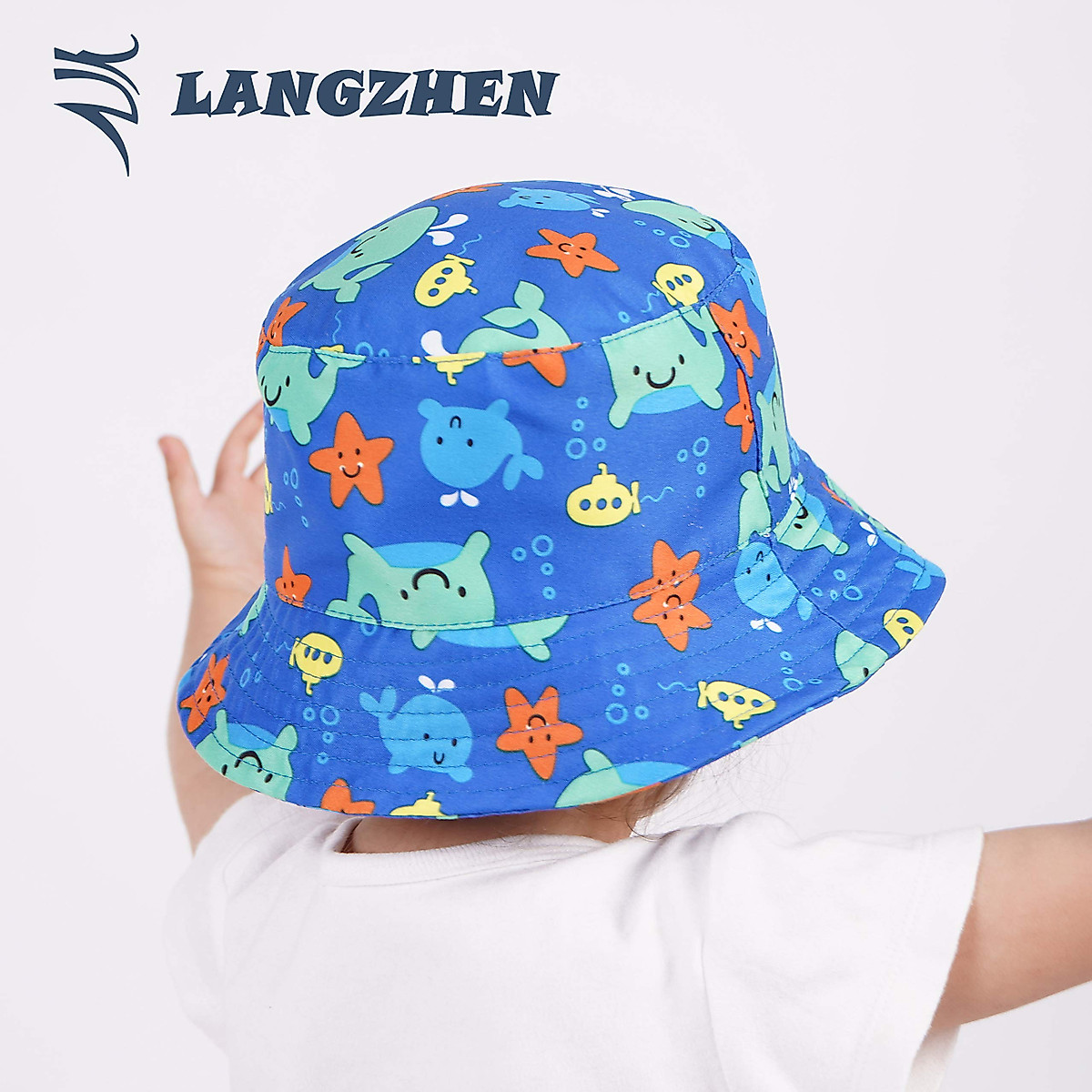 LANGZHEN Sun Protection Hat for Kids Toddler Boys Girls Wide Brim Summer Outdoor hat Baby Bucket Hat with Chin Strap (Blue-Whale, M: 1T-2T (50cm /19.7"))