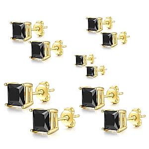 FOSIR Womens Mens 18K Yellow Gold Plated Black Square Clear Cubic Zirconia Stud Earrings(5 Pairs, 3-7mm CZ)