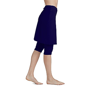 MAXE Women Swim Skirt with Legging Sun Protective UPF 50+ Swimming Tight Attached Skort Capris Navy Small