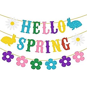 Hello Spring Banner, Spring Banner Garland, Spring Decorations for the Home, Spring Easter Theme Party Decorations, Spring Flower Banner Garland, Indoor Outdoor Mantel Fireplace Hanging Decor