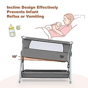 BABY JOY Bedside Bassinet, Portable Baby Crib w/Mattress, Two-Side Breathable Mesh, 7 Height Adjustable, Large Storage, Wheels for Easy Movement, Crib for Newborn Infant, Bassinet for Baby, Grey