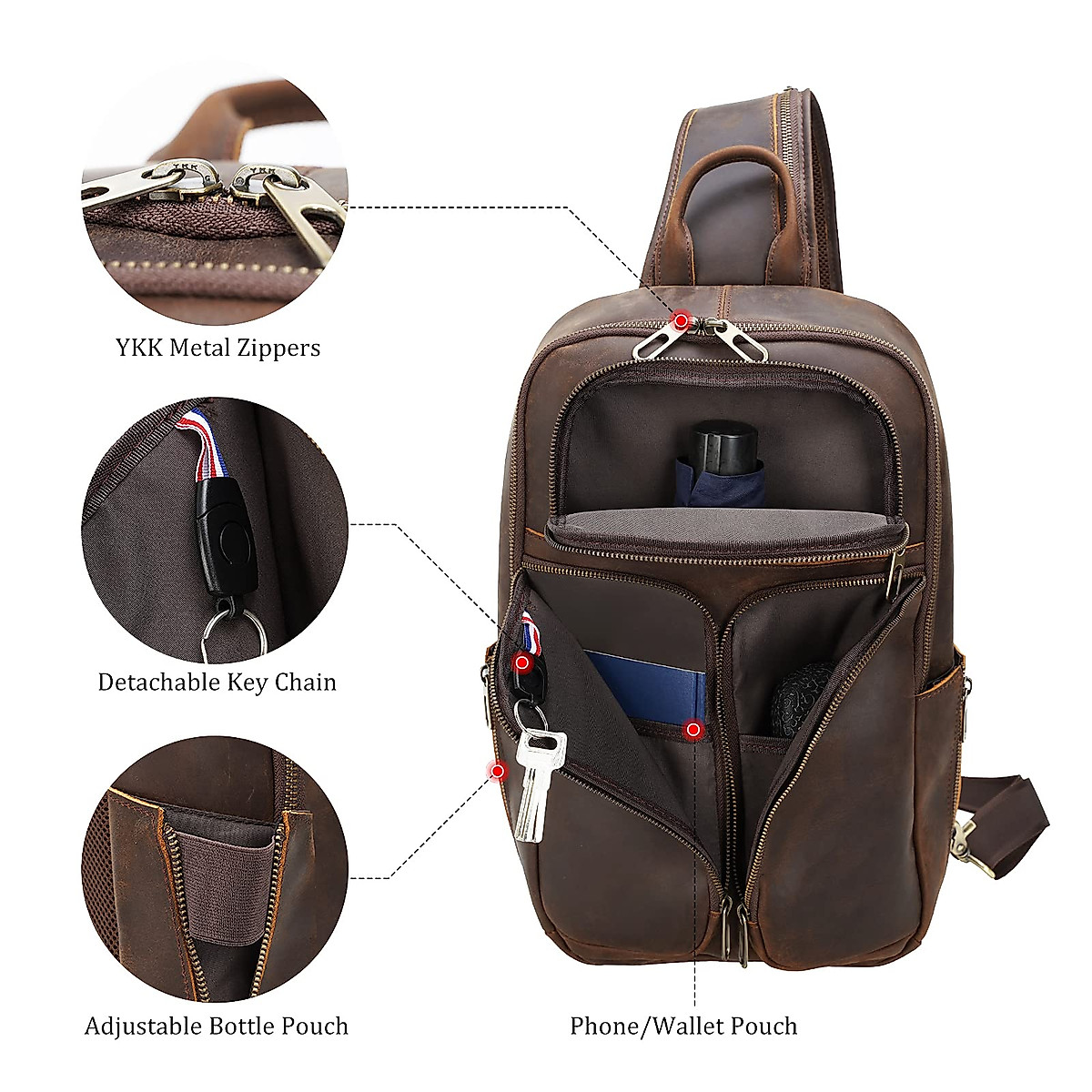 Polare Vintage Full Grain Leather Sling Bag for Men Multipurpose Daypack Shoulder Chest Crossbody Bag Travel Backpack Large Fits iPad Pro 12.9''