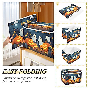 Storage Bins with Lids and Handles,Halloween Background with Pumpkins Ghosts and Cemetary Storage Box Storage Basket with Cover Collapsible Organizer Containers for Home Closet, Shelves