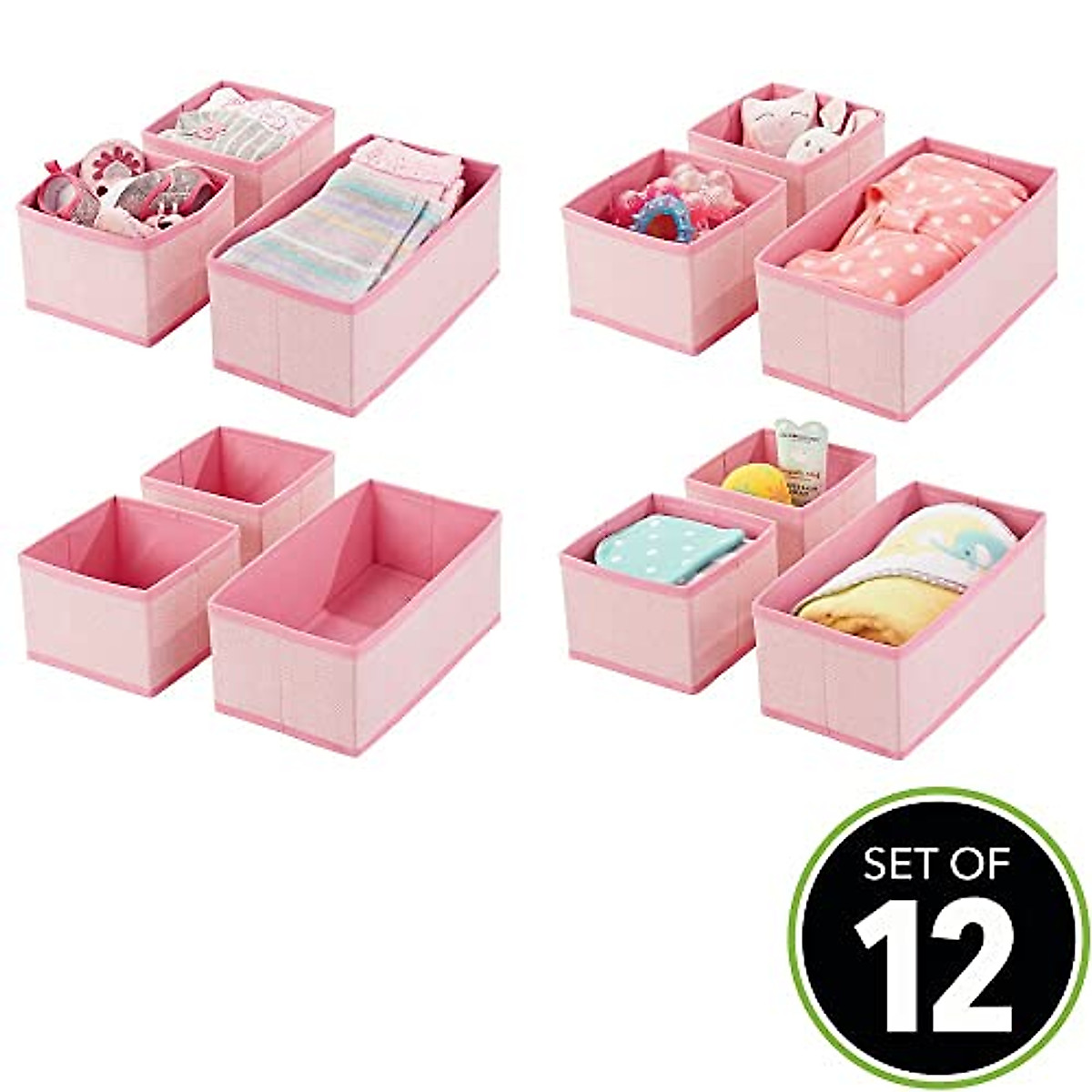 mDesign Fabric Drawer Divider Organizer Bins, Nursery/Bedroom Dresser, Closet, Shelf, Playroom Organization, Hold Clothes, Toys, Diapers, Bibs, Lido Collection, Set of 3, 4 Pack, Pink Herringbone