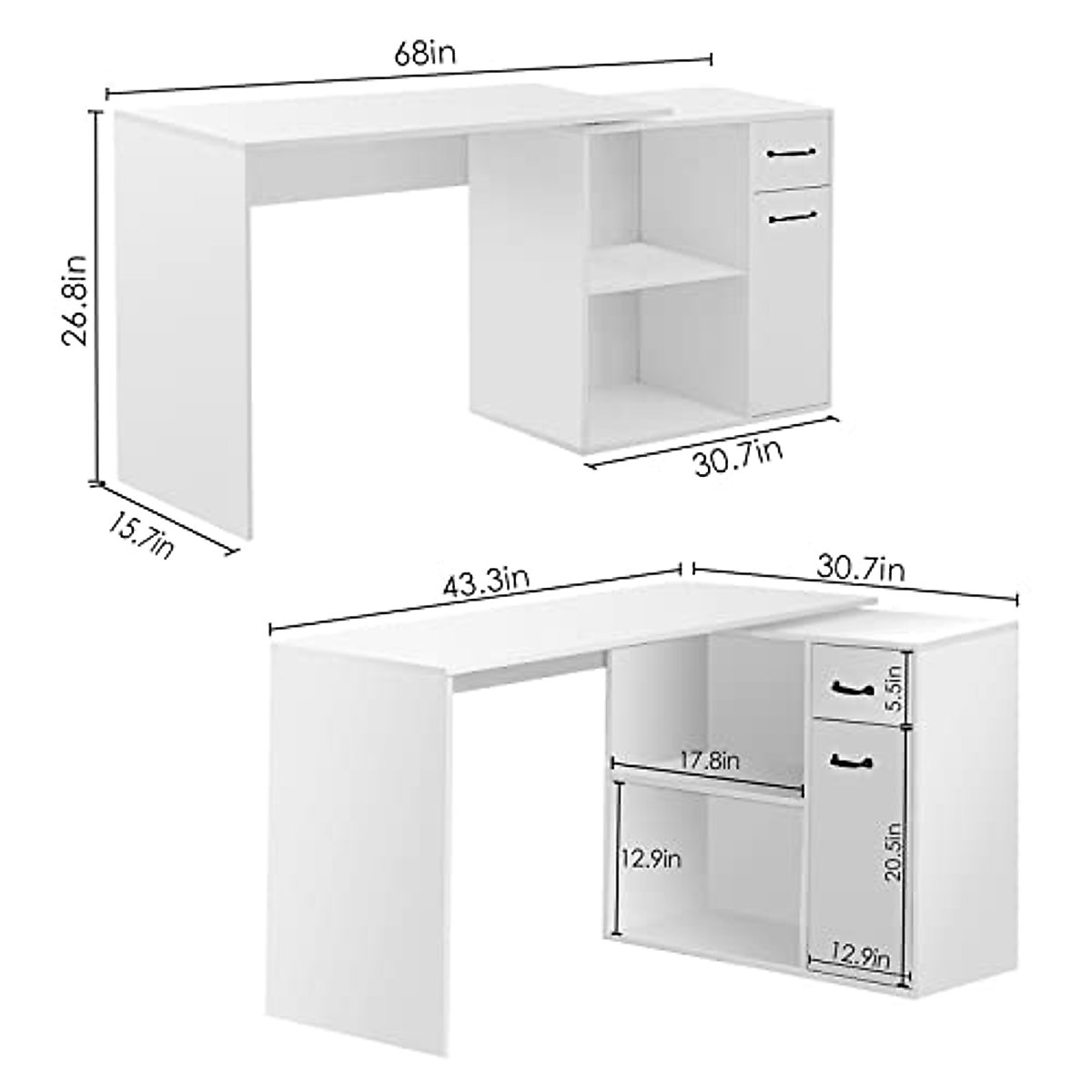 VANSPACE L-Shaped Rotating Computer Desk 68 inch with Storage Shelves Home Office Corner Desk with Drawers and File Cabinet Multipurpose Study Writing Table for Bedroom Small Space White