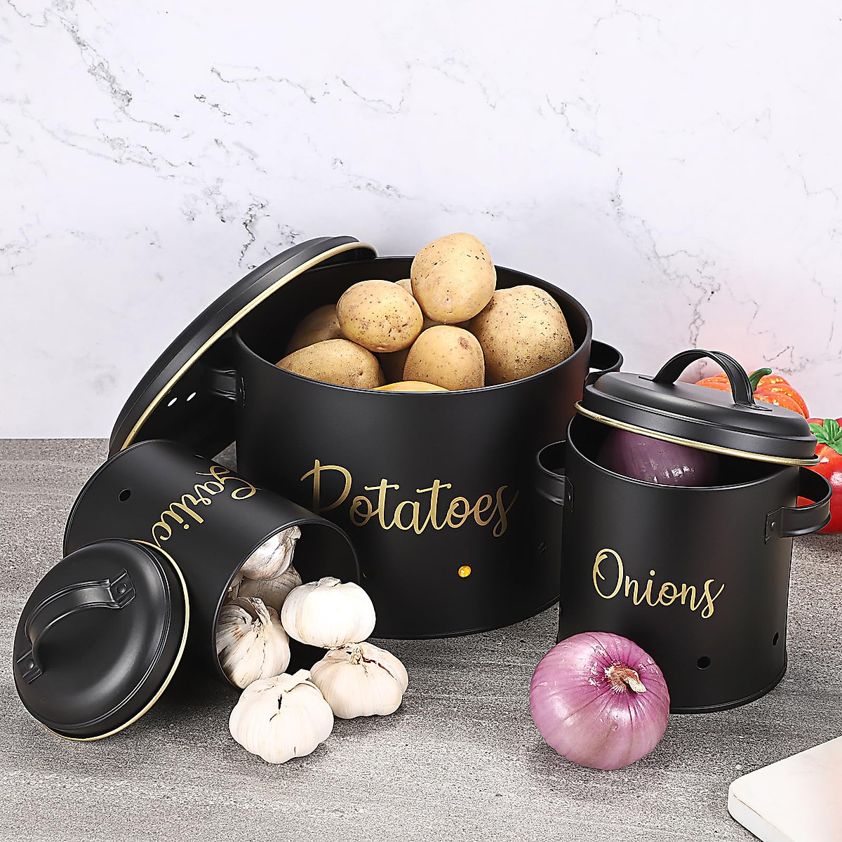 OwnMy Set of 3 Potato Onion Garlic Storage Bins Vegetable Containers Food Containers for Kitchen Counter, Potato Onion Storage Containers for Pantry Garlic Storage Jars Vegetable Canisters Set, Black