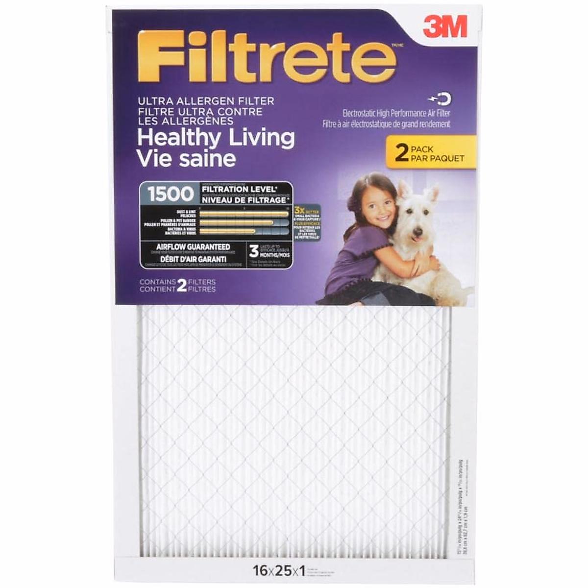 Filtrete 16x25x1 Air Filter, MPR 1500, MERV 12, Healthy Living Ultra-Allergen 3-Month Pleated 1-Inch Air Filters, 2 Filters