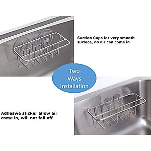 TESOT Sink Caddy Sponge Holder Dish Cloth Hanger 2 in 1 with Upgraded Suction Cups or Adhesive, SUS304 Stainless Steel, No Drilling, Silver