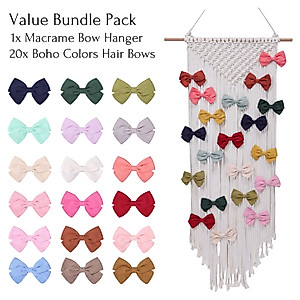 Boho Macrame Bow Holder & 20 Colors Linen Pigtail Bows | Wall Hanging Hair Clip Headband Rainbow Hanger Organizer Piggy Pig Tails Barrettes (Classic A)